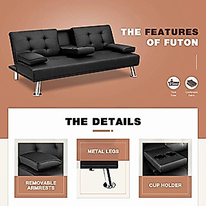 Flamaker Futon Sofa Bed Modern Faux Leather Couch, Convertible Folding Recliner Lounge Futon Couch for Living Room with 2 Cup Holders with Armrest