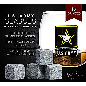 Army Globe Whiskey Decanter Set & 4 Liquor Glasses - US Army Whisky Decanter & Glass Set with Wood Base and 9 Whiskey Stones - Army Gifts for Men - Bourbon and Scotch Decanter – Military Veteran Gifts