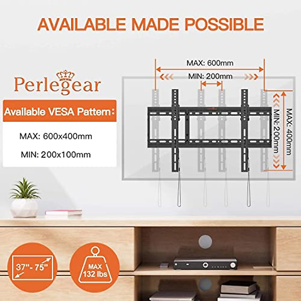 Perlegear Tilt TV Wall Mount Bracket Low Profile for Most 37-75 Inch LED LCD OLED Flat Curved Screen TVs, Large Tilting Mount Fits 16, 18, 24 Inch Studs Max VESA 600x400mm Supports up to 132lbs
