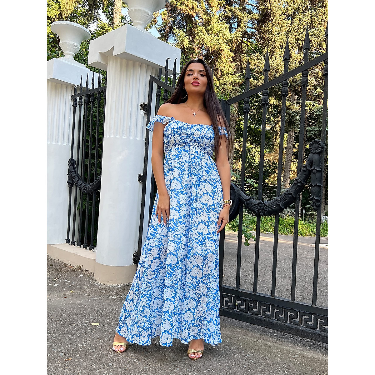 MERMAID'S CLOSET Womens Straps Blue Floral Print Smocked Maxi Dress Boho Casual Chiffon Flowy Beach Long Dresses