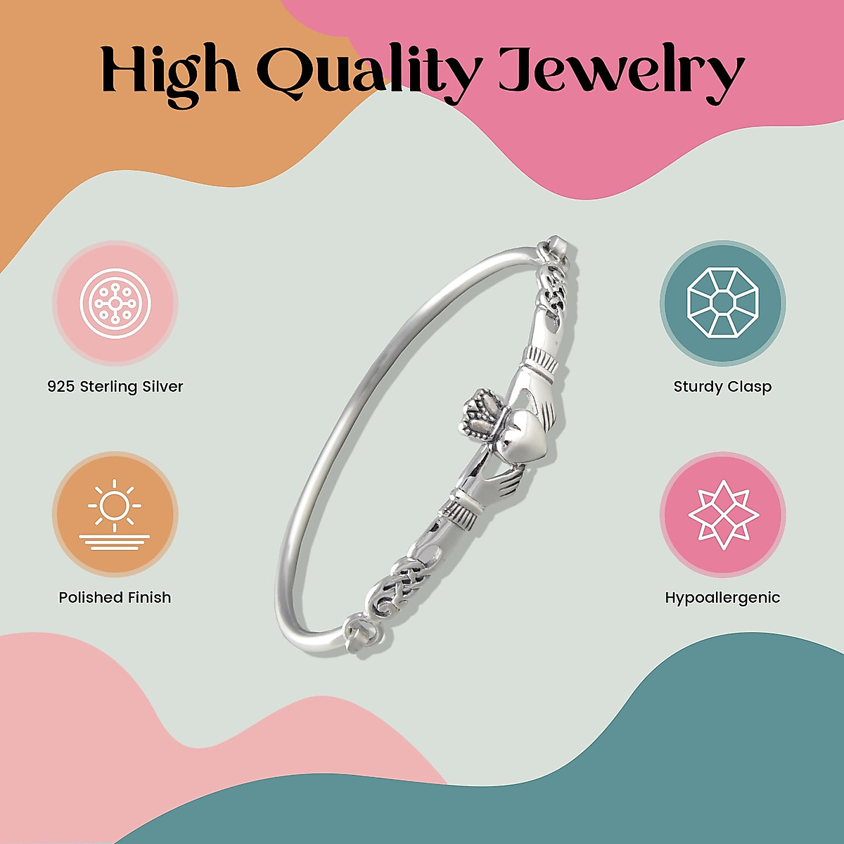 FashionJunkie4Life 925 Sterling Silver Irish Claddagh Celtic Knot Bangle Bracelet