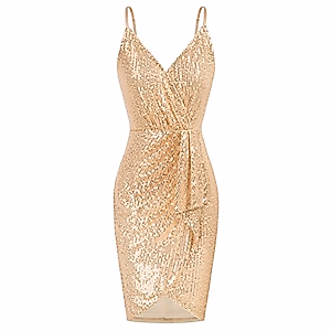 GRACE KARIN Women Sequin Glitter Wrap Dress V Neck Spaghetti Strap Bodycon Party Champagne L