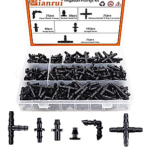 Dianrui 290PCS Drip Irrigation Fittings Kit, Barbed Connectors Parts 1/4'' Barbed Connectors Irrigation Fittings Kit for Garden Lawn Flower Pot Sprinkler Systems K1-042-set