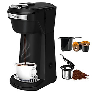2 in 1 Single Serve Coffee Maker for K Cup Pods & Ground Coffee, Mini K Cup Coffee Machine with 6 to 14 oz Brew Sizes, Single Cup Coffee Brewer with One-Press Fast Brewing, Reusable Filters, Black