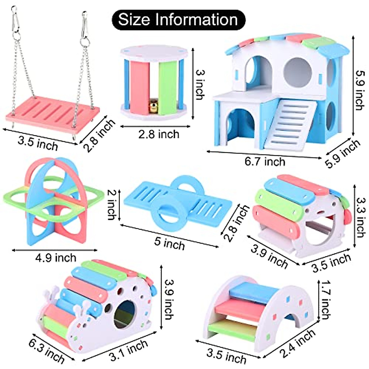Tiibot 8 Pieces Fun Hamster Toys DIY Wooden Gerbil Hideout Include Swing Seesaw Rainbow Villa Bear's Nest Fitness Circle Arch Bridge Bell Roller Snail House for Sport Exercise Small Animals, Blue