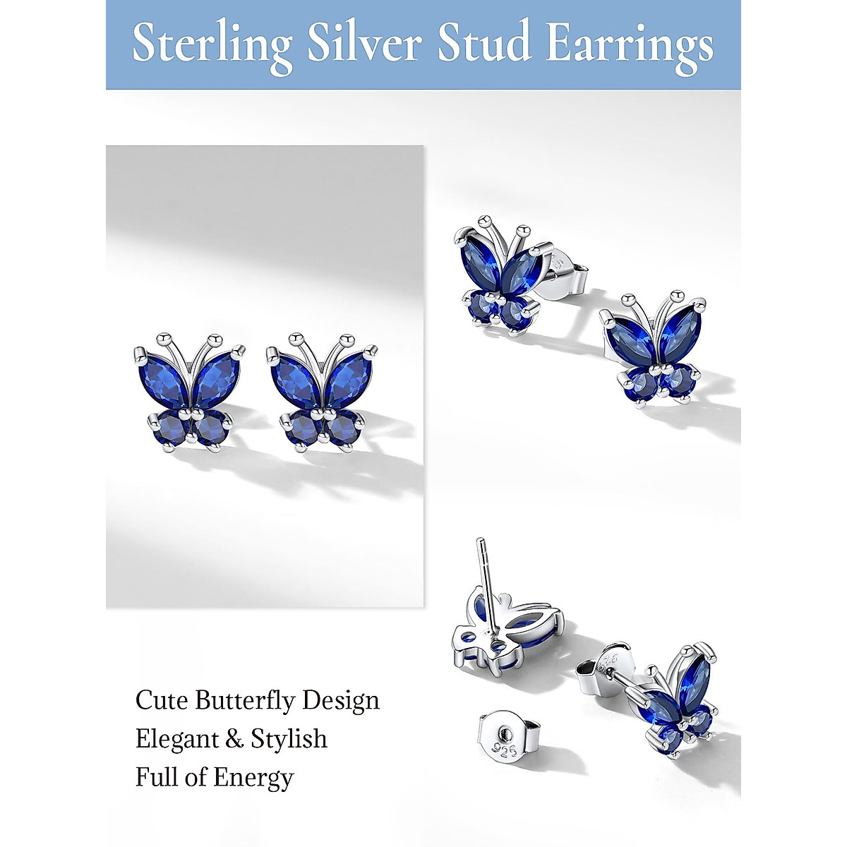 Women Sterling Silver Animal Stud Created Gemstone Sapphire Blue Butterfly Stud Earrings