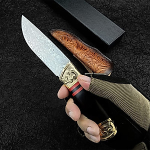 HUAAO Handmade Damascus Hunting Knife, 8.5'' Fixed Blade Knife with Leather Sheath and Ebony Handle, EDC Skinning Knife, for Camping Hiking