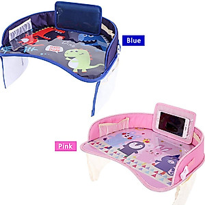 Kids Travel Tray for Toddler Car Seat, Toddler Car Seat Tray Organizer with Sturdy Play Table and Phone Holder, Road Design Enables Snack Play, Pink
