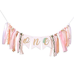 WAHAWU Baby Girl Banner for 1st Birthday - Green Leaf Pink Gold Tan , Rustic High Chair Banner , Boho High Chair Bunting , Photo Decoration Props , Birthday Party Gifts for Girls (Green Leaf pink banner)