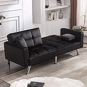 civama Futon Sofa Bed, 74" Modern Velvet Convertible Folding Lounge Couch, Upholstered Twin Size Sleeper Sofa with Arm 2 Pillows Split Back Design and Silver Metal Legs for Compact Space, Black