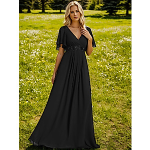 Ever-Pretty Women's Chiffon A-Line Ruched Short Sleeves Applique Waist V Neck Formal Dresses and Evening Gowns Black US20