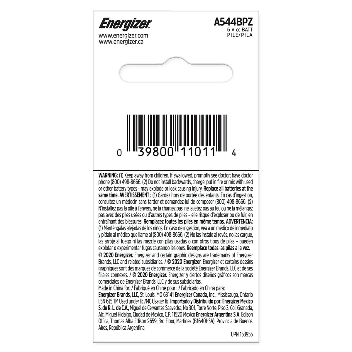 Energizer A544BPZ Zero Mercury Battery, Multi