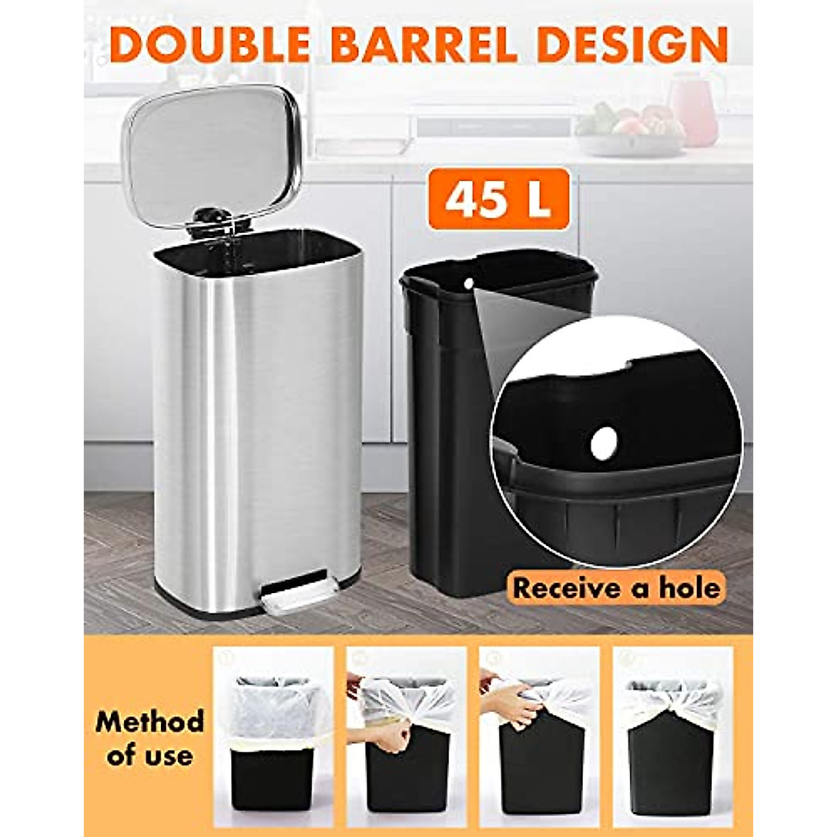 Kitchen Trash Can with Lid Step Trash Bin Fingerprint-Proof for Office Bedroom Bathroom Brushed Stainless Steel Garbage Can 8 Gallon/ 30L