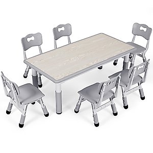 Arlopu Kids Study Table and 6 Chairs Set, Height Adjustable Graffiti Table, Preschool Activity Art Craft Table for 6, Multifunctional Toddler Table, Reading, Drawing, Eating Interaction (Gray)