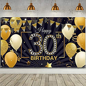 Happy 30th Birthday Backdrop Banner Extra Large Black and Gold 30th Birthday Photo Booth Backdrop Photography Background Happy 30th Birthday Party Decorations for Women and Men, 72.8 x 43.3 Inch