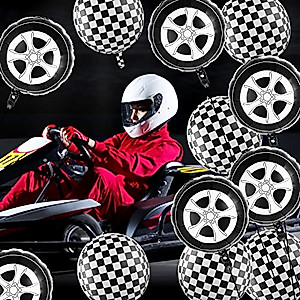 12 Pieces Black and White Checkered Balloons, Race Car Balloons Car Wheel Balloons Tire Balloons Aluminum Foil Checkered Flag Balloons for Racing Theme Birthday Party Decoration Supplies 18 Inch