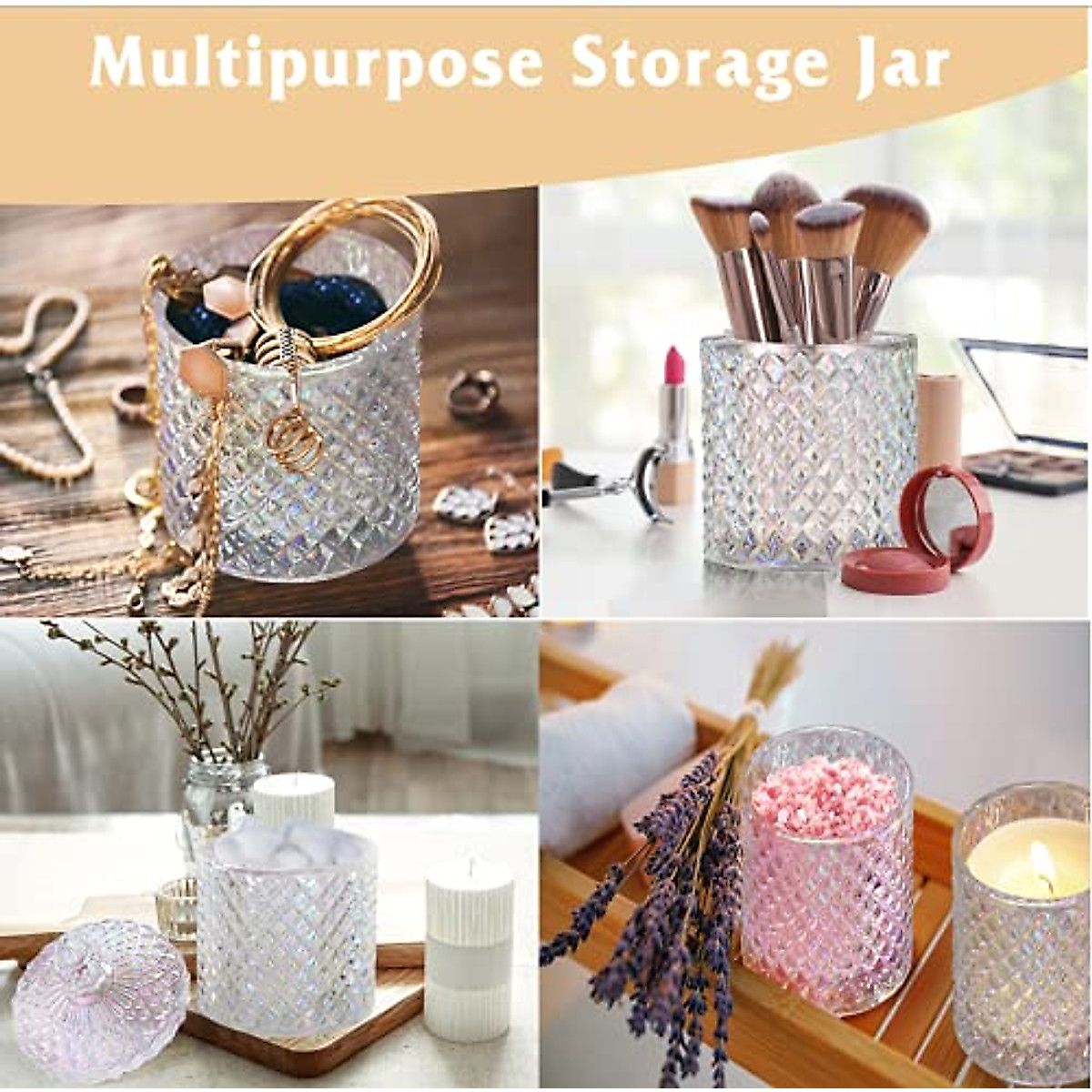 LUXETA Multi-Use Luxury Glass Apothecary Jars Embossed Candle Making Containers with Lids Home Décor Organizer for Vanity Kitchen Living Bathrooms Candy jar Decorative Votive Holders.4 Pcs -10 oz.