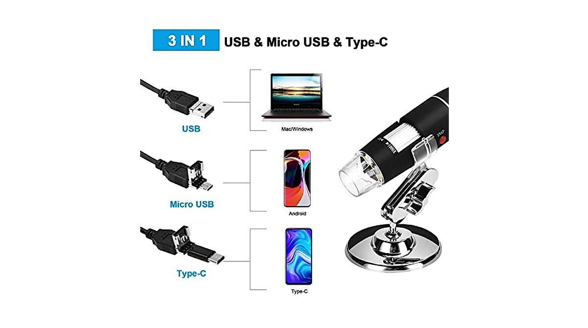 USB Microscope, 40X-1000X Digital Microscope 3 in 1 PCB Microscope ...