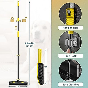 Sunally Rubber Broom Pet Hair Remover, Fur Remover Broom with Squeegee for Fluff Carpet, Hardwood Floor, Tile, Window, Black Yellow, includes Portable Lint Remover Brush and Broom Holder