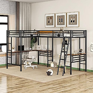 L-Shape Loft Beds with Two Desk Metal Double Twin Loft Beds Frame Heavy-Duty Black Corner Twin Size Lofts Bed for 2 Kids Girls Boys Teens