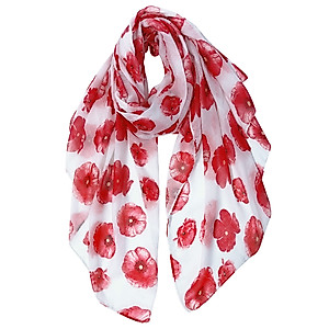 GERINLY Red Poppy Floral White Scarf for Women Oblong Shawl Wrap for Summer Travel Cotton Voile Beach Sarong