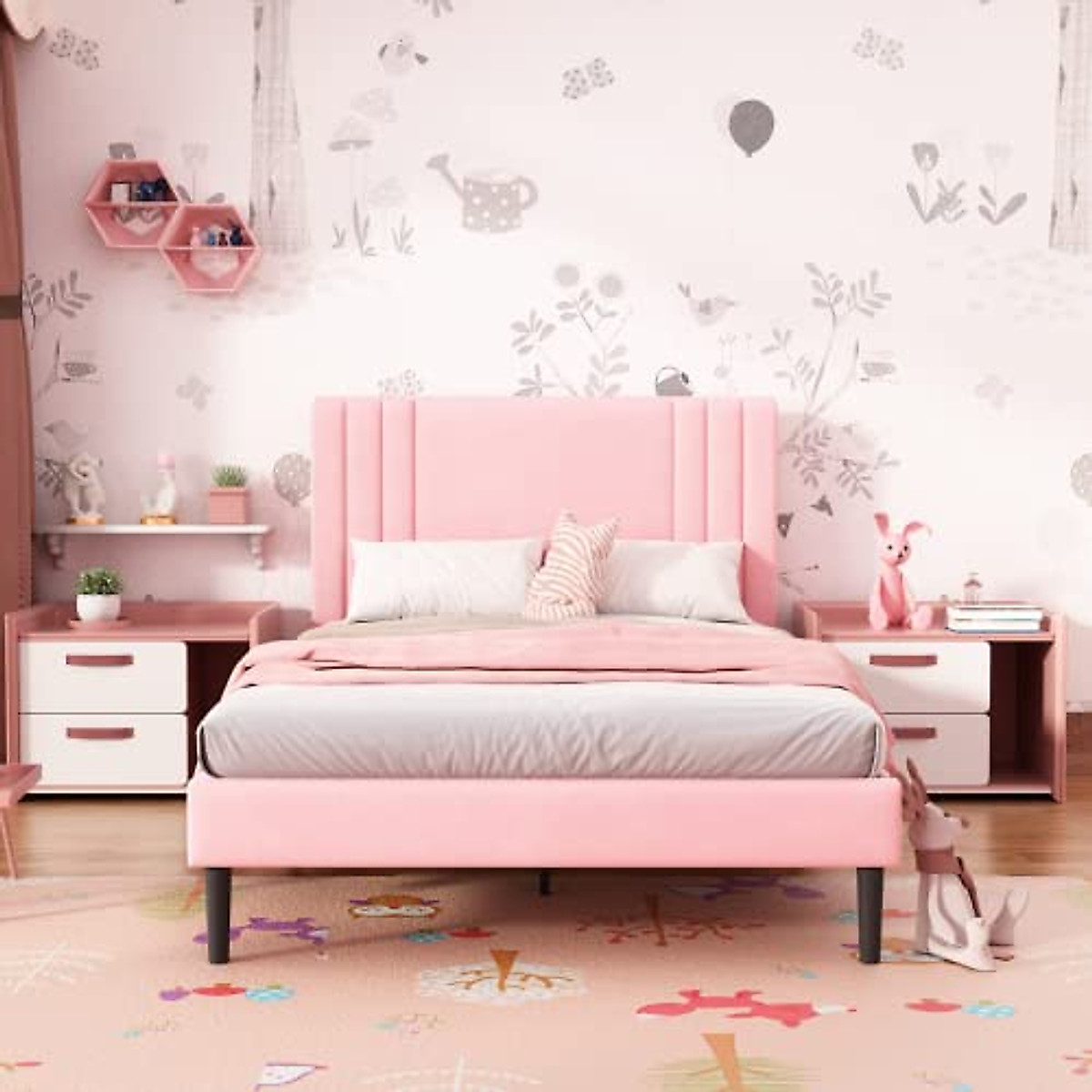 Daznzn Twin Platform Bed Frame with Headboard and No Box Spring Needed, Velvet Upholstered Bed Frame with Strong Wood Slats Support, Noise Free, Strong Weight Capacity, Easy Assembly, Pink