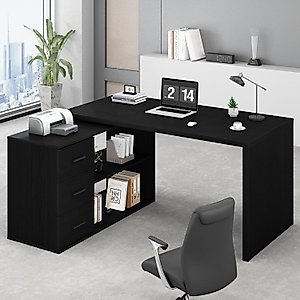 HSH Black L Shaped Computer Desk with Drawers, L Shaped Home Office Desk with Storage Cabinet Shelves, Reversible Corner Wood Writing Desk for Executive Work Study,Large Bedroom Computer Table,55 Inch