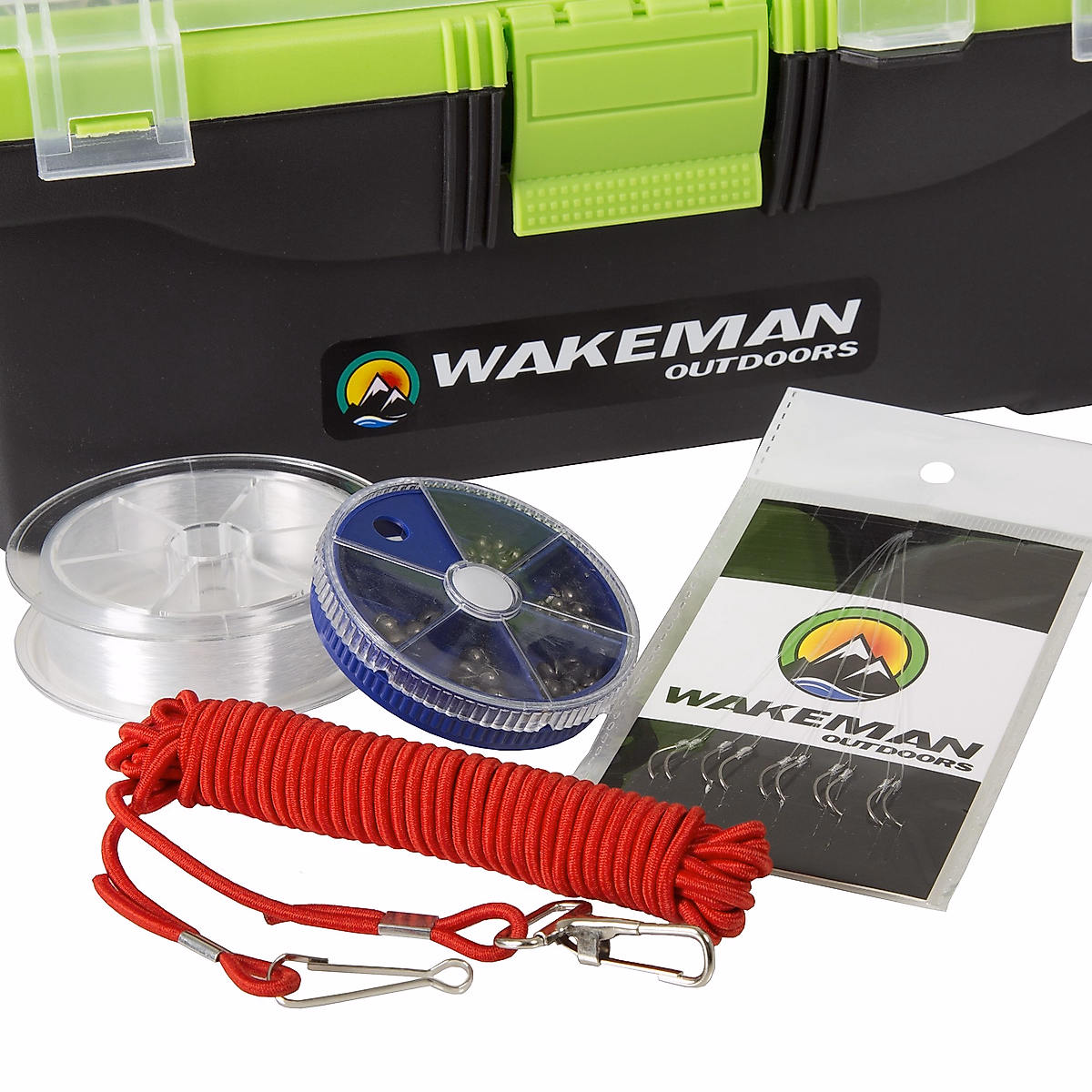 Fishing Single Tray Tackle Box- 55 Piece Tackle Gear Kit Includes Sinkers, Hooks Lures Bobbers Swivels and Fishing Line By Wakeman Outdoors Lime Green