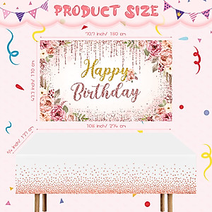 72 Pieces Birthday Decorations for Women Girls Included Backdrop Tablecloths Balloons Floral Garland Happy Birthday Party Supplies for Ladies Birthday Party Decor (Rose Gold)