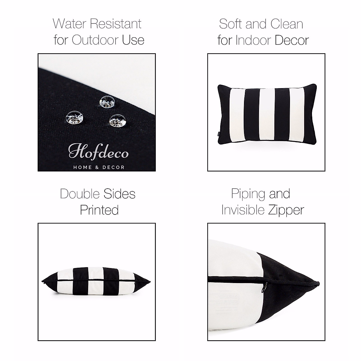 Hofdeco Decorative Lumbar Pillow Cover ONLY Indoor Outdoor Water Resistant Canvas Modern Black Stripes 12"x20"