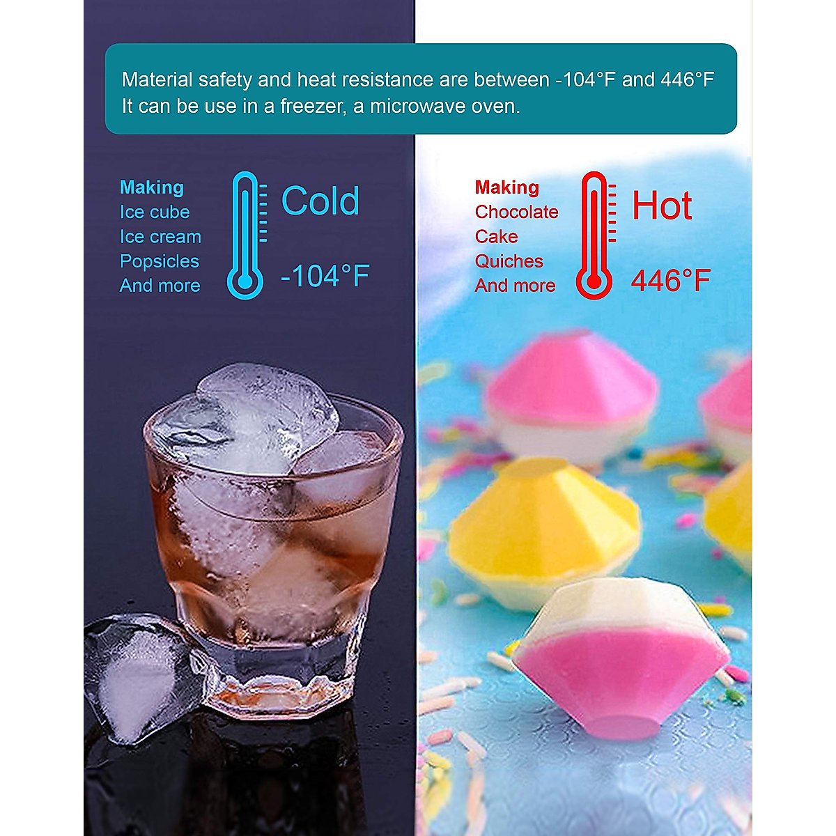 Diamond Ice Cube Molds (Set of 2) Whiskey Ice Cube Tray ，Ice Cube Maker Tray,Diamond Silicone Ice Cube Molds with Lids,Reusable and BPA Free