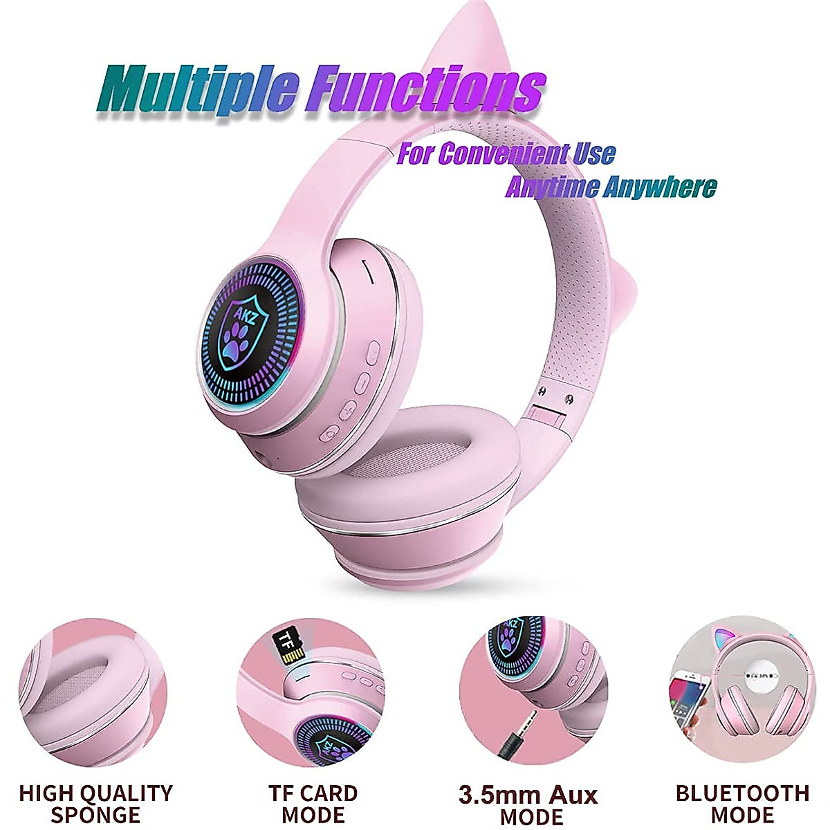 Zuri Sana Cat Ear Gaming Bluetooth 5.2 Wireless Foldable Headphones with LED Light, Over Ear Stereo Sound Music Headsets with Microphone AUX for PC TV Pad Cellphone Laptop Game Kids Adults Gift