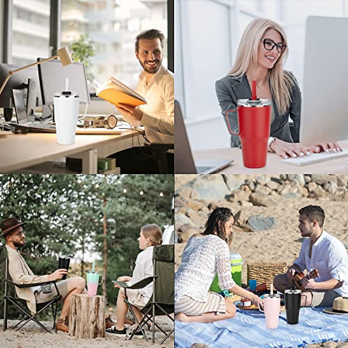 Sursip 40 oz Mug Tumbler with Screw Lid - Stainless Steel Vacuum Insulated Cup with Straw and Handle, Keeps Drinks Cold up to 24 Hours - Sweat Proof, Leak Proof, Dishwasher Safe, Car Holder (Plating)