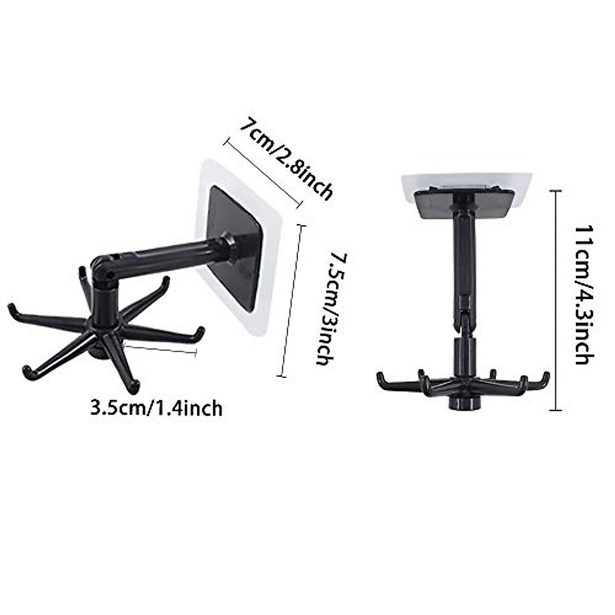 2 PCS Kitchen Utensil 360°Rotating Folding Hook Rack Utility Self-Adhesive 6 Claw Wall-Mounted and Under Cabinet Holder Wall Hooks with Heavy Duty Hanging for Home Bathroom Office(Black + White)