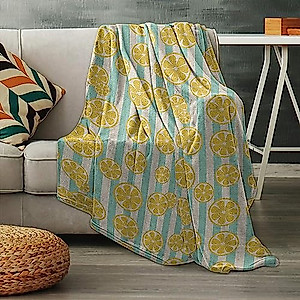 Throw Blanket- Yellow Lemons Soft Warm Plush Fleece Bed Throw,50x60In Flannel Blankets Summer Fruits Retro Linen Burlap Bedding Throws for Women/Men Bedroom Living Room Office Decor Teal Stripe