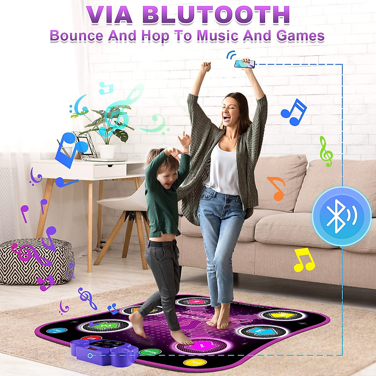 Jugana Kids Dance Mat Toys, Electronic Music Dance Pad with Light Up 6-Button & Wireless Bluetooth, Dance Game Toys for 3-12 Year Old Kids Girls Boys