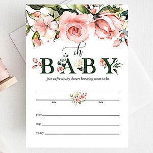Moonrise Papery Set of 25 Pink Floral Baby Shower Invitations for Girl, Oh Baby Invitations for Baby Shower, Fill-In Style Invitations with Envelopes
