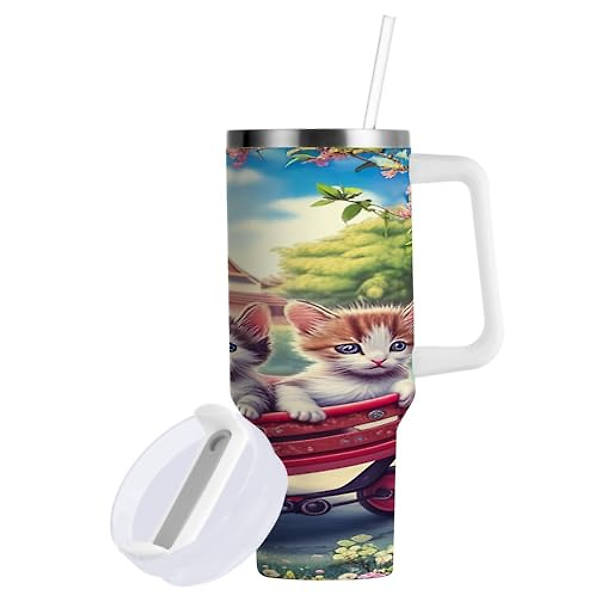 RPLIFE Kittens Wagon 40 Oz Tumbler, Stainless Steel Tumbler with Straw, Tumblers for Women