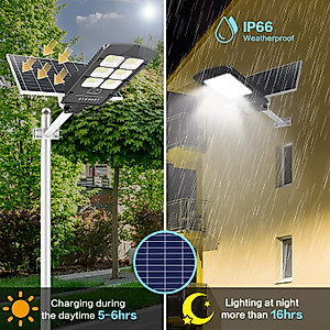 HYKOONT Solar Street Light, 1200W Solar Street Lights Outdoor Dusk to Dawn Motion Sensor IP66 Waterproof 6500K Super Bright Solar Powered Lighting for Parking Lot, Garage, Street