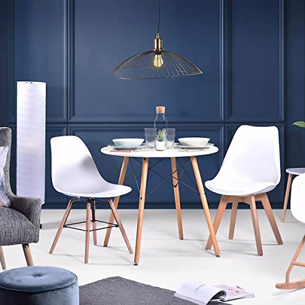 Round Dining Table White Kitchen Table White Dining Table with MDF Top Modern Style Coffee Table Leisure Dining Room Round Table for Kitchen Living Room(with A Free Table Cloth)