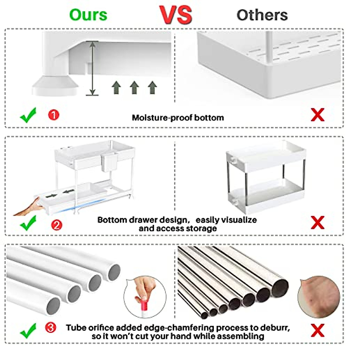 SPACELEAD Under Sink Organizers and Storage for Bathroom 2 Tier Sliding Cabinet Basket Organizer Drawers , Kitchen with Hooks The Bottom Can Be Pulled Out White