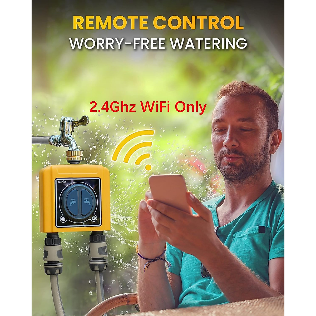 RAINPOINT Sprinkler Timer WiFi Water Timer with Brass Inlet,2 Outlets Smart Hose Timer,Automatic Irrigation System Controller, 2.4Ghz WiFi & Voice Control, Irrigation by Weather/Quantity/Soil Moisture