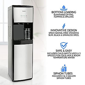 Igloo IWCBL353CRHBKS Stainless Steel Hot, Cold & Room Water Cooler Dispenser, Holds 3 & 5 Gallon Bottles, 3 Temperature Spouts, No Lift Bottom Loading, Child Safety Lock, Black/Stainless