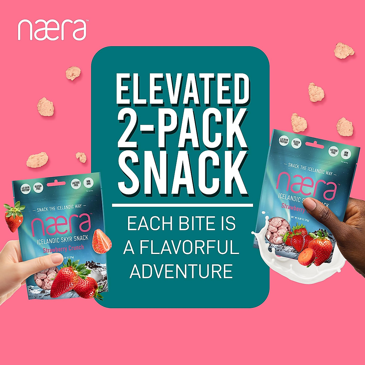 Næra Icelandic- Strawberry Skyr Crunch Popped Snack with Skyr (Authentic Icelandic Yogurt) and Fruit, Gluten Free, Crunchy Snacks for Adults and Kids- GMO Free and Preservative Free (2 Pack, 1.76 Oz)
