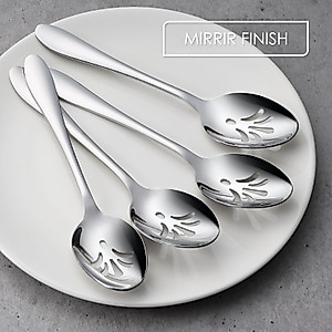 Stainless Steel Slotted Serving Spoons, E-far 4-Piece Metal Tablespoons Hostess Serving Utensils Set for Catering Buffet Party Kitchen Restaurant, Dishwasher Safe