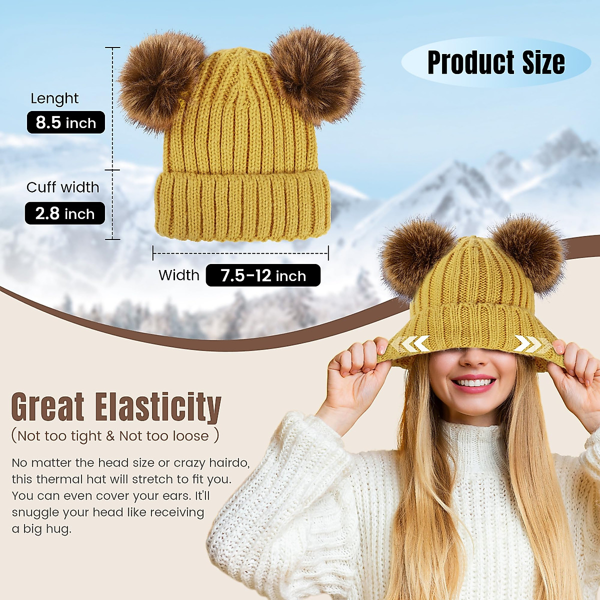 Arctic Paw Beanie for Women Cable Knit Beanie with Faux Fur Pompom Ears Yellow