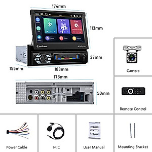 Single Din Apple Carplay Bluetooth Car Stereo with Android Auto,7'' Electric Flip Out HD Touch Screen Car Radio Supports FM Phone Mirror Link EQ,Head Unit with Backup Camera/USB/TF Card/AUX-in Port