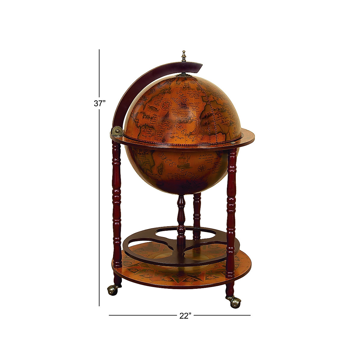 Deco 79 Wood Globe Rolling 14 Bottle Standing Wine Rack with Hidden Compartment, 22" x 22" x 37", Brown