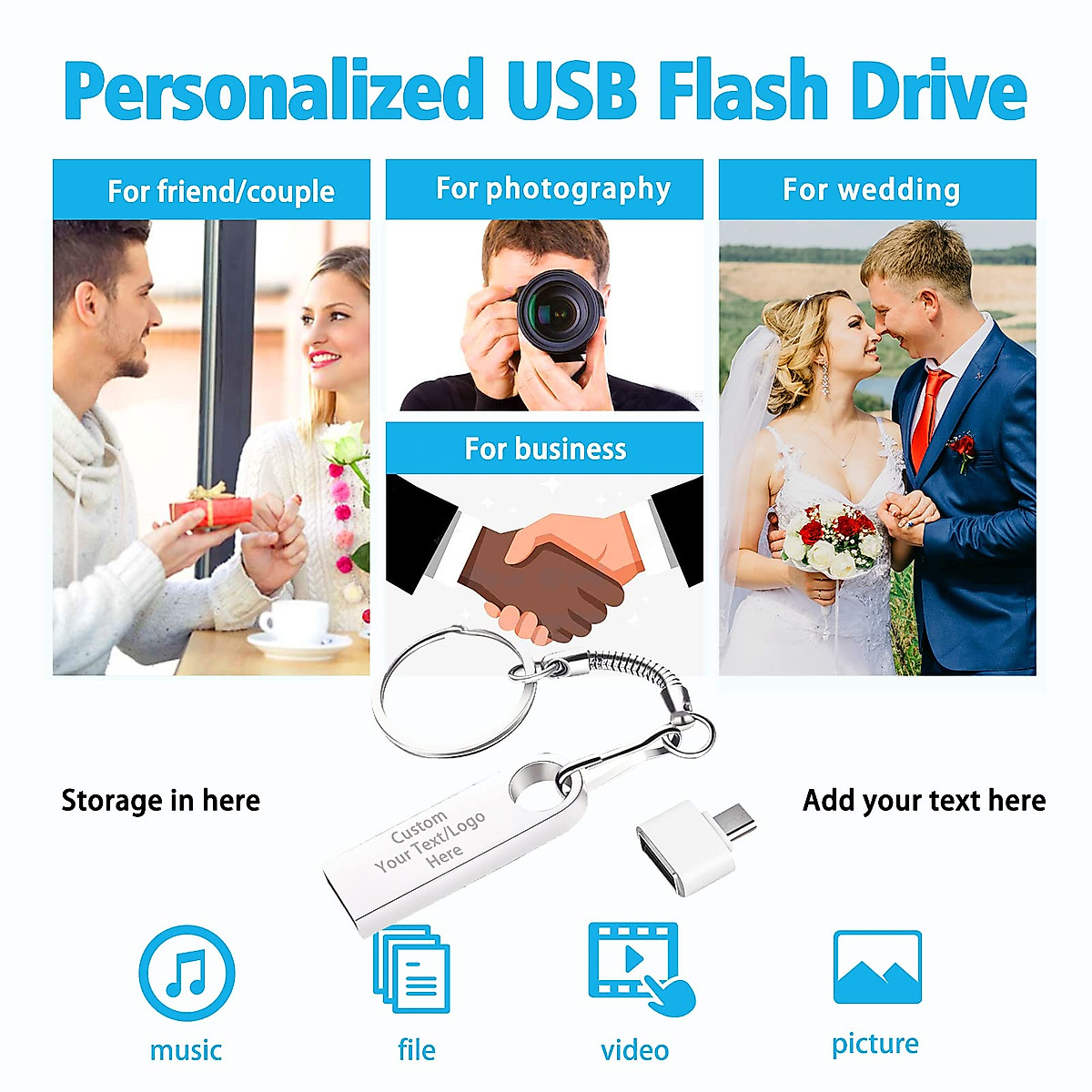 Custom Logo USB Flash Drive with Keychain and USB C Adapter Engraved Free Personalized USB 2.0 Metal Memory Stick Personal Gift for Friend,Wedding,Anniversary,Graduation,Birthday,Party-4G, Silver