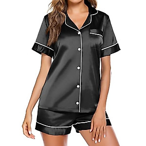 Ekouaer Satin Pajamas for Women Button Down Sleepwear Soft Silk Loungewear Short Sleeve Top and Shorts Pjs Black,Small